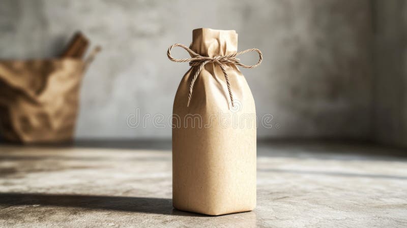 Kraft Paper Wrapped Bottle on a Rustic Table Stock Illustration ...