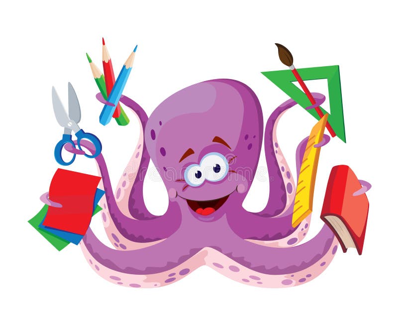 Oktopus mit Schulmaterial vektor abbildung. Illustration von professor ...