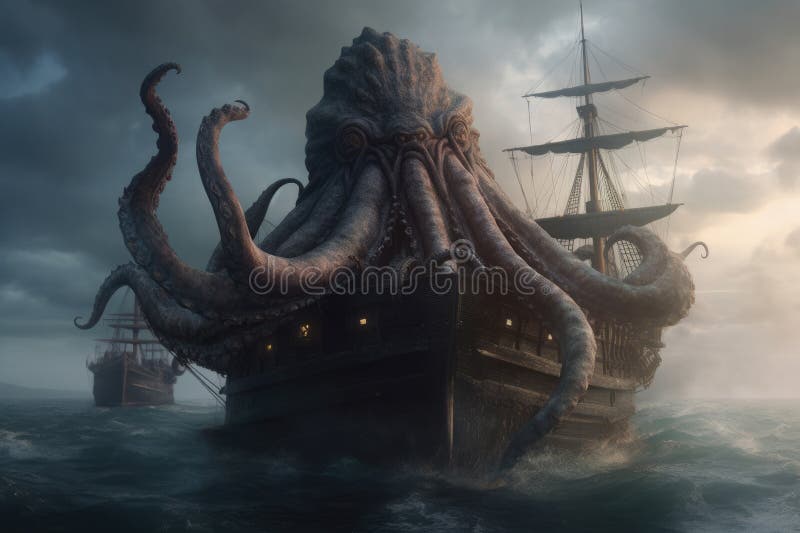 Kraken Embracing a Ship: a Realistic Scene for Your Designs. Stock ...