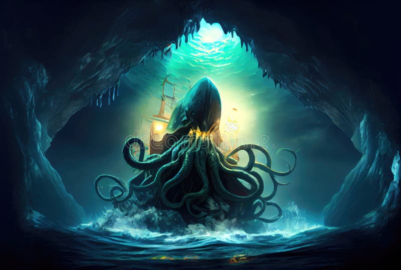 Kraken Under the Deep Sea Attacking and Sinking the Ship Mythical ...