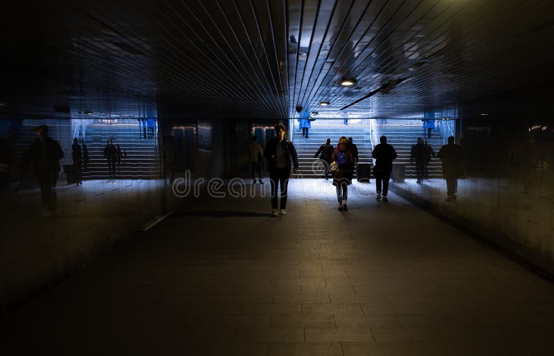 Krakow, Lesser Poland, People Walking through the Pedestrian Underpass ...