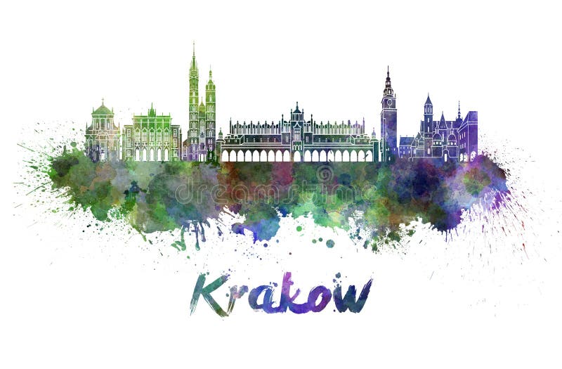 Krakow Skyline in Watercolor Stock Illustration - Illustration of ...