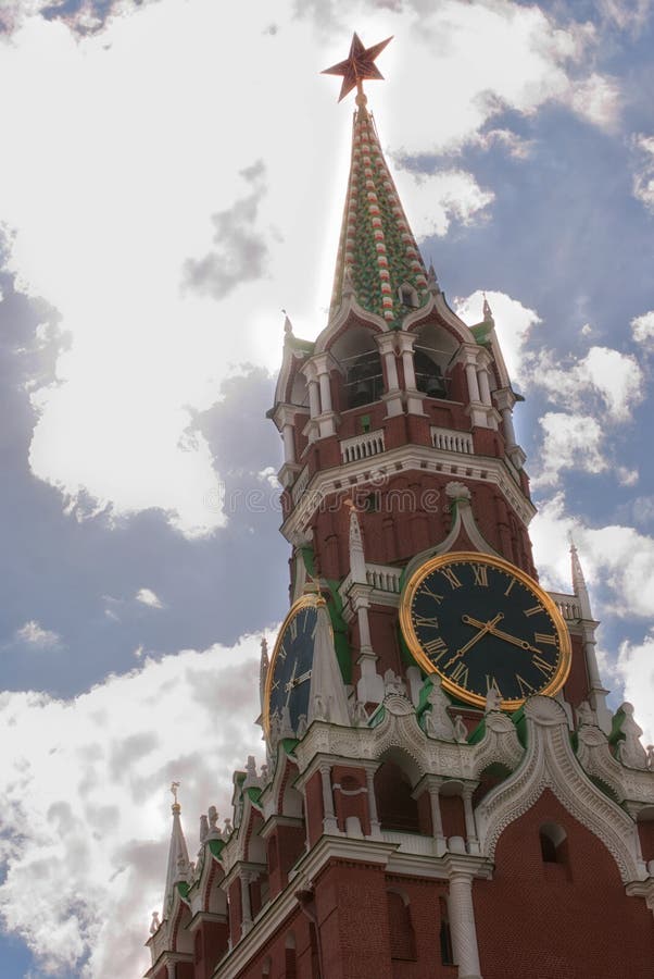 Kremlin Clock Chimes Close-up Against a Blue Cloudy Sky. Moscow Stock ...