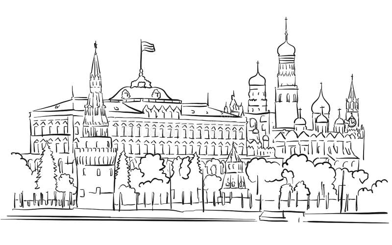 Kremlin, Moscow, Panoramic Greeting Card Sketch Stock Vector ...