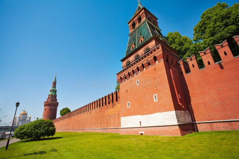 Kremlin Red Bricks Wall View with Green Trees Stock Photo - Image of ...
