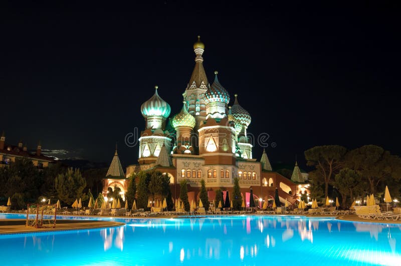 Kremlin Style Hotel in Night Illumination, Antalya Stock Photo - Image ...