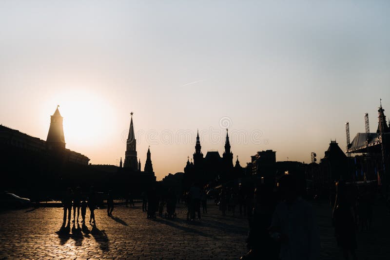 The Kremlin Towers on Red Square at Sunset in Moscow.Russia Stock Photo ...