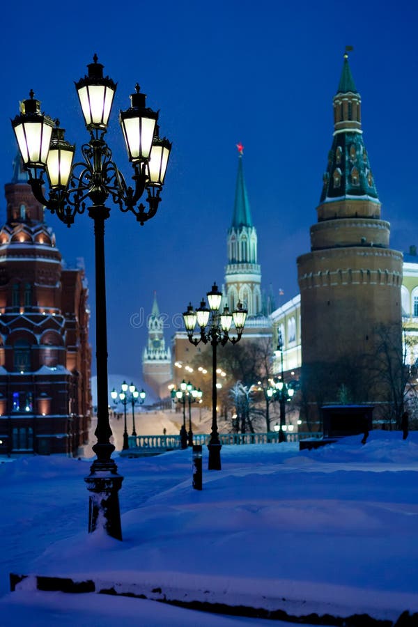 Kremlin Towers in Winter Snowing Night Stock Photo - Image of russian ...