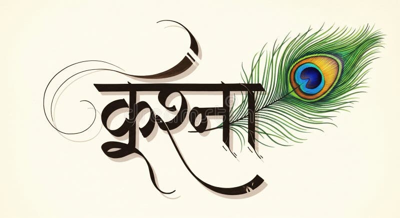 Krishna Name in Calligraphy with Peacock Feather Stock Illustration ...