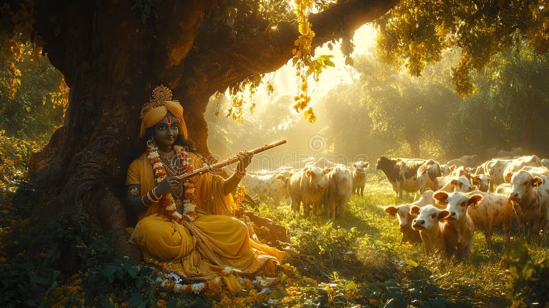 Krishna Playing Flute Under a Tree Surrounded by Cows during a Serene ...