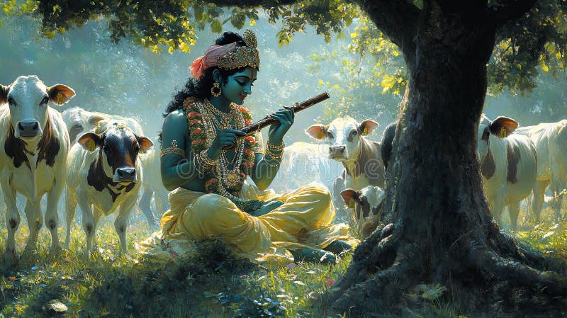 Krishna Playing Flute Under a Tree Surrounded by Cows in a Serene ...