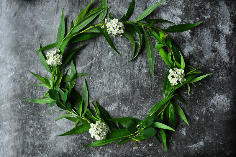 Kroon Met Bloemen En Greens Kader Op Een Grijze Achtergrond Takken Van ... Kroon Met Bloemen En Greens Kader Op Een Grijze Achtergrond Takken Van ...