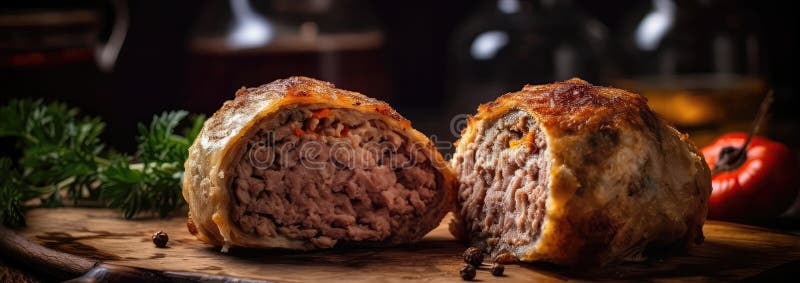 Kruchenyky Stuffed Meat Rolls on Stone Rustic Pub Ukrainian Dishes Wide ...