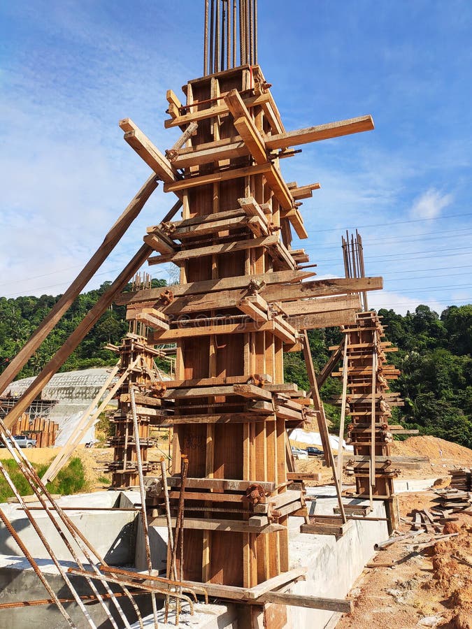 Column Timber Form Work and Reinforcement Bar at the Construction Site ...
