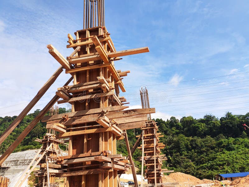 Column Timber Form Work and Reinforcement Bar at the Construction Site ...