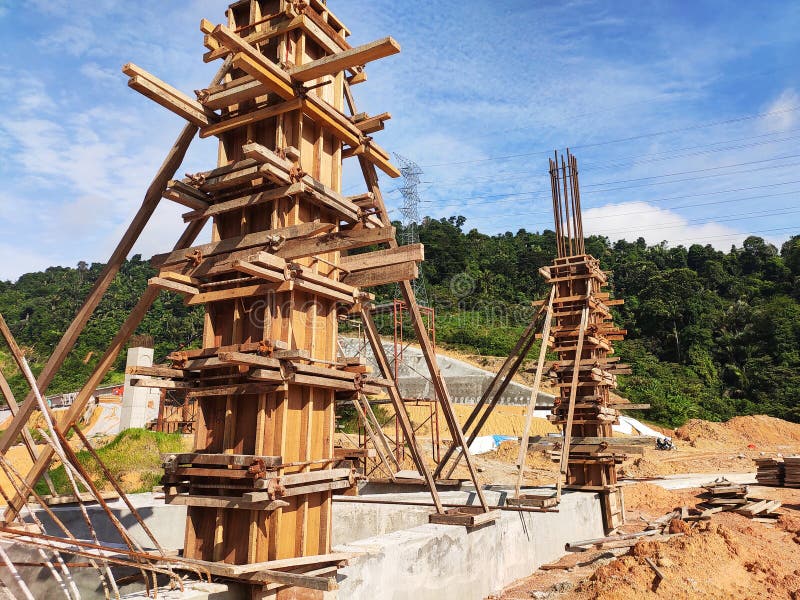 Column Timber Form Work and Reinforcement Bar at the Construction Site ...