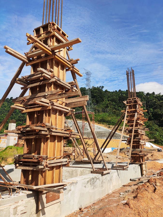 Column Timber Form Work and Reinforcement Bar at the Construction Site ...