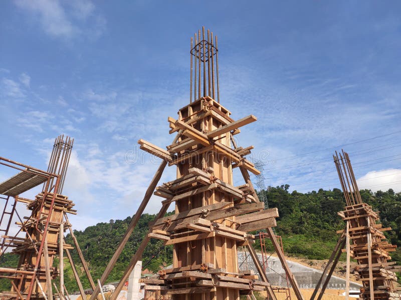 Column Timber Form Work and Reinforcement Bar at the Construction Site ...