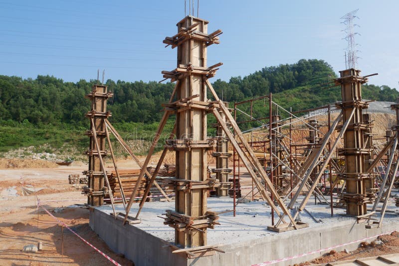 Column Timber Form Work and Reinforcement Bar at the Construction Site ...