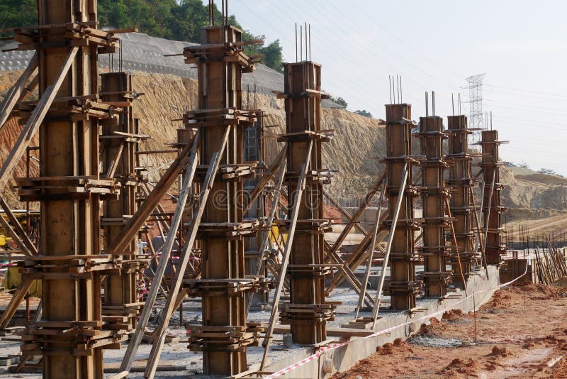 Column Timber Form Work and Reinforcement Bar at the Construction Site ...
