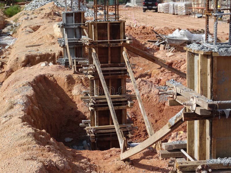 Column Timber Form Work and Reinforcement Bar at the Construction Site ...