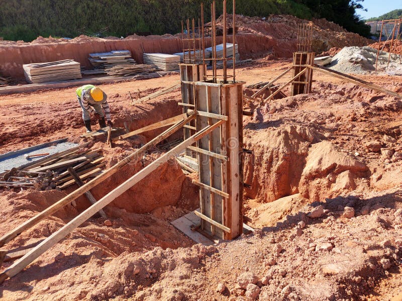 Column Timber Formwork and Reinforcement Bar at the Construction Site ...