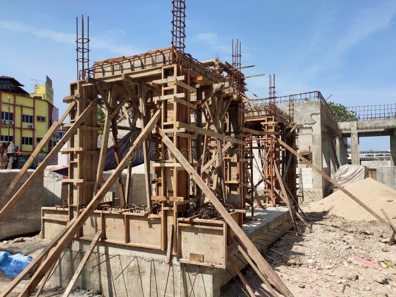 Column Timber Formwork and Reinforcement Bar at the Construction Site ...