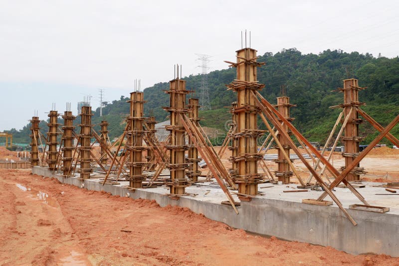 Column Timber Formwork and Reinforcement Bar at the Construction Site ...