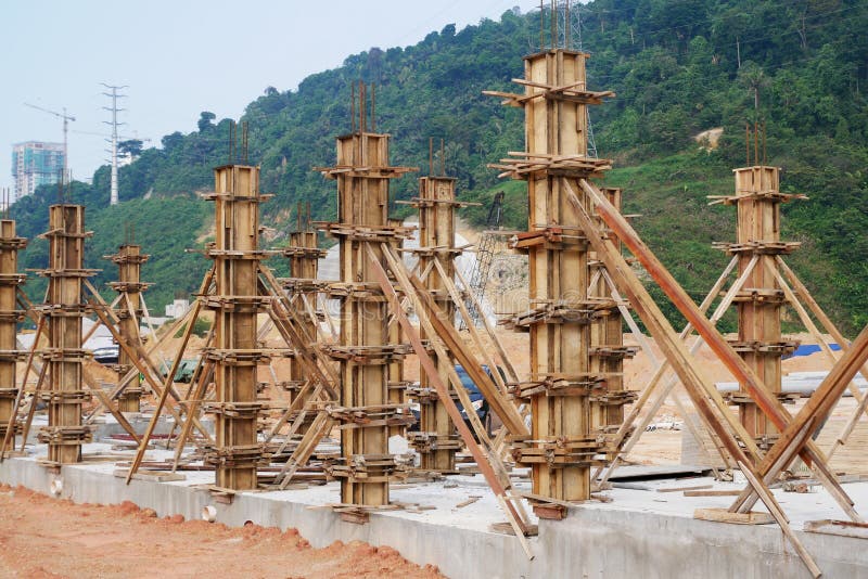 Column Timber Formwork and Reinforcement Bar at the Construction Site ...