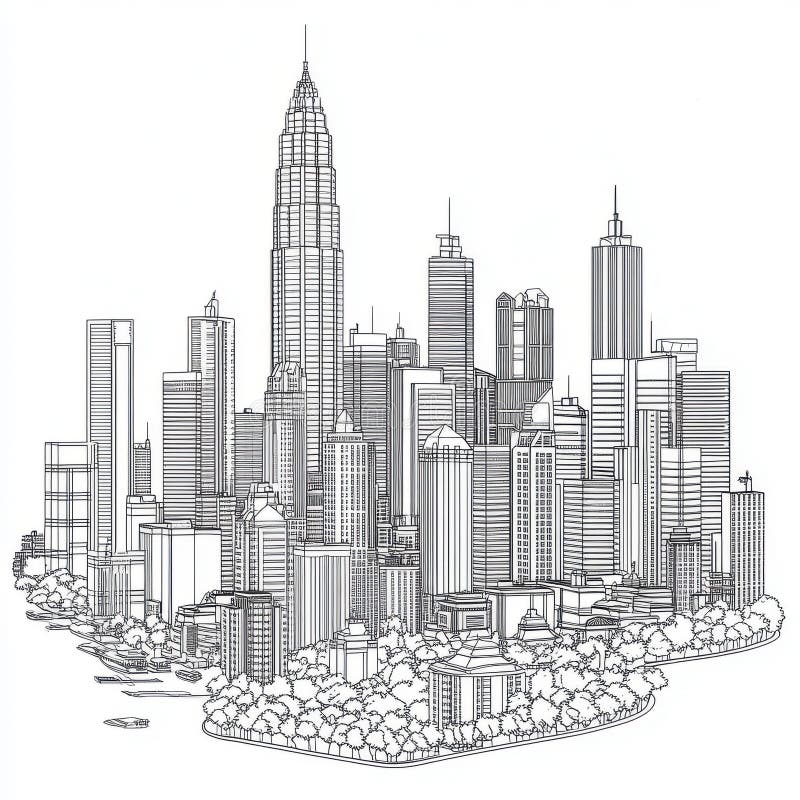 Kuala Lumpur Skyline Black and White Cityscape Drawing Stock ...
