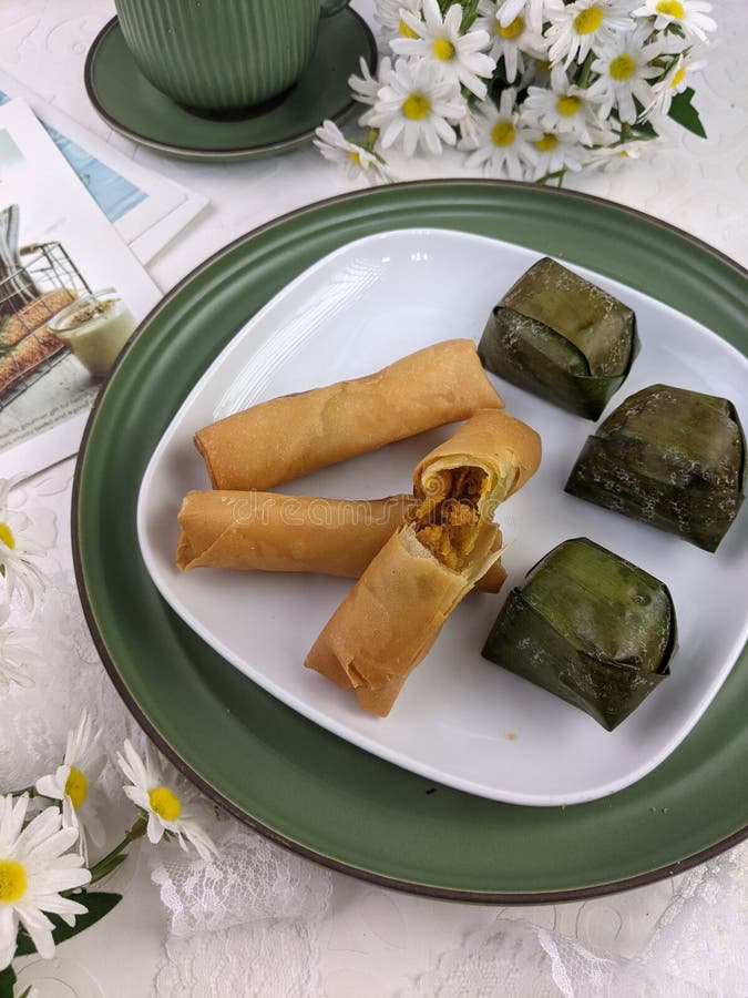 Kuih Koci and Spring Roll for Snacks Stock Image - Image of curry ...