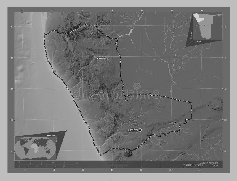 Kunene, Namibia. Grayscale. Labelled Points of Cities Stock ...