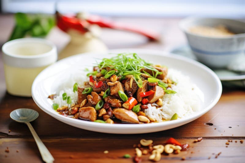Kung Pao Chicken Over White Rice on a Plate Stock Photo - Image of dish ...