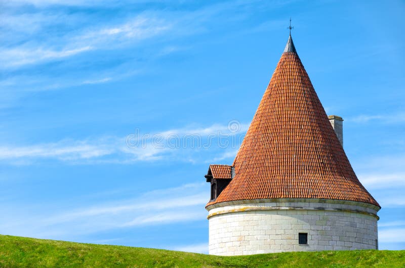 Castle Tower With Window Against Dark Blue Sky. Stock Photo - Image of ...