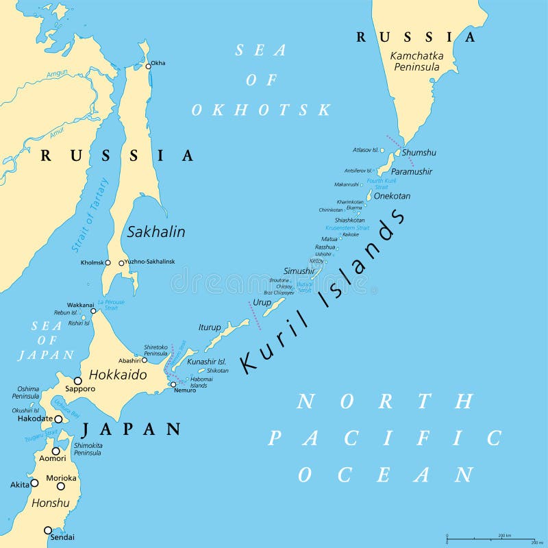 Kuril Islands, from Hokkaido To Kamchatka Peninsula, Political Map ...