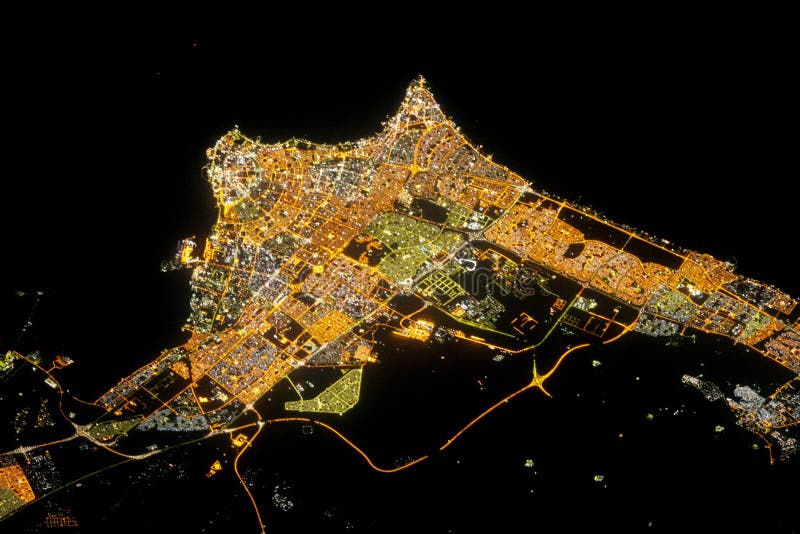 Kuwait City Lights Map at Night. Satellite View Stock Photo - Image of ...