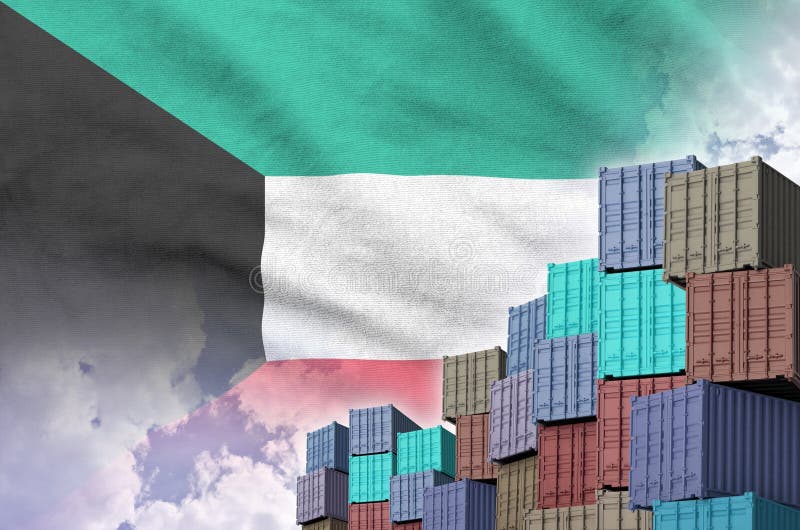 Kuwait Flag and Big Stack of Shipping Cargo Containers in Docks with ...