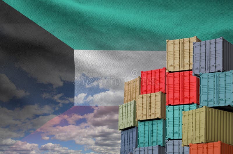 Kuwait Flag and Big Stack of Shipping Cargo Containers in Docks with ...