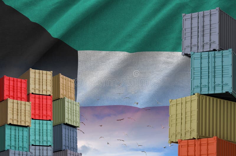 Kuwait Flag and Big Stack of Shipping Cargo Containers in Docks with ...