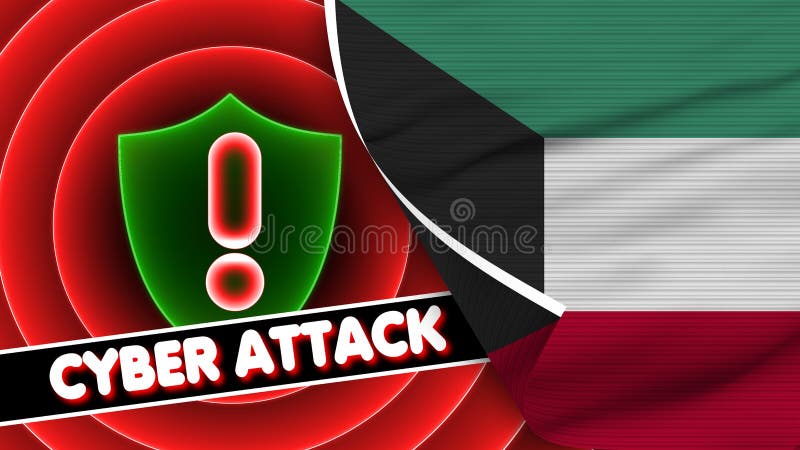 Kuwait Realistic Flag with Cyber Attack Title Fabric Texture 3D ...
