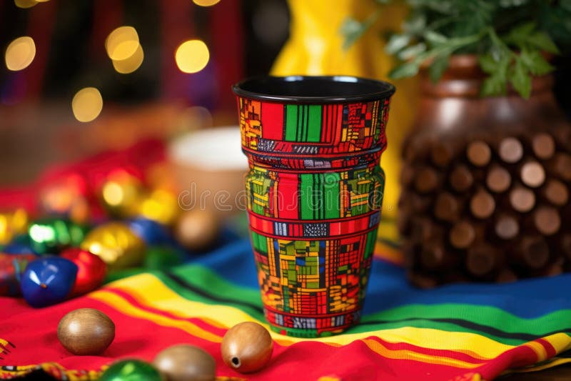 Kwanzaa Unity Cup Surrounded by Colorful African Fabric Stock ...