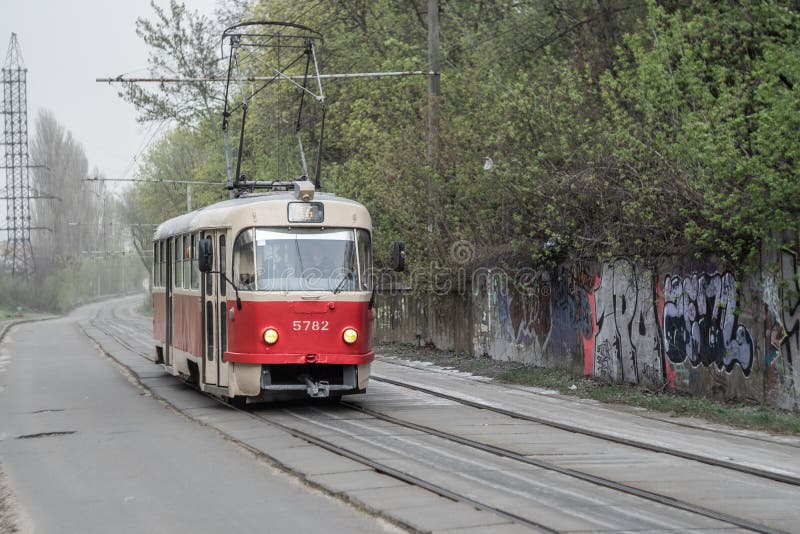 Old red soviet Tatra tram editorial stock photo. Image of kyiv - 213518553