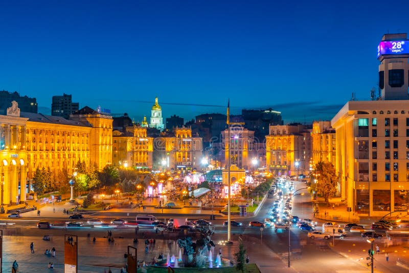 KYIV, UKRAINE, AUGUST 28, 2019: Night View of the Independence S ...