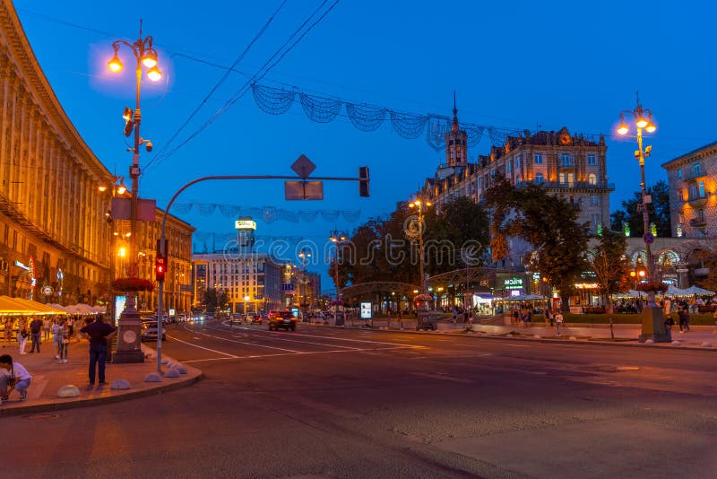 KYIV, UKRAINE, AUGUST 29, 2019: Sunset View of Khreschatyk Boulevard in ...
