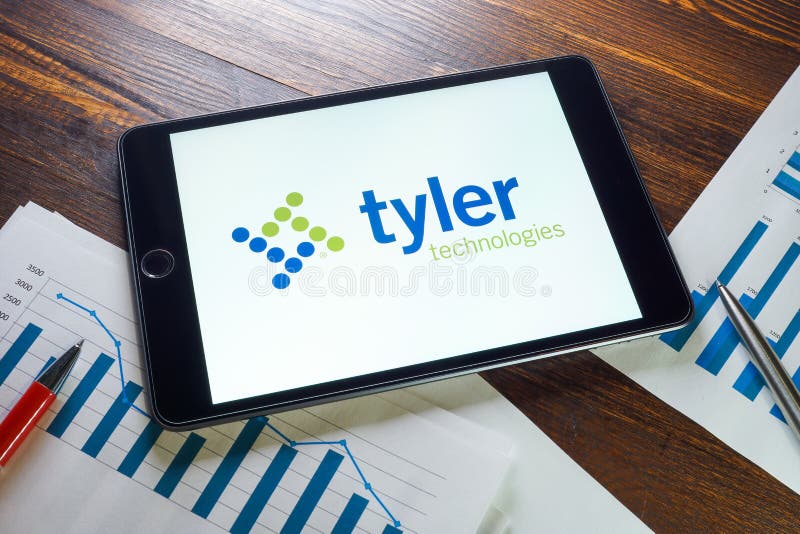 KYIV, UKRAINE - August 21, 2021. Tyler Technologies Company Logo on the ...