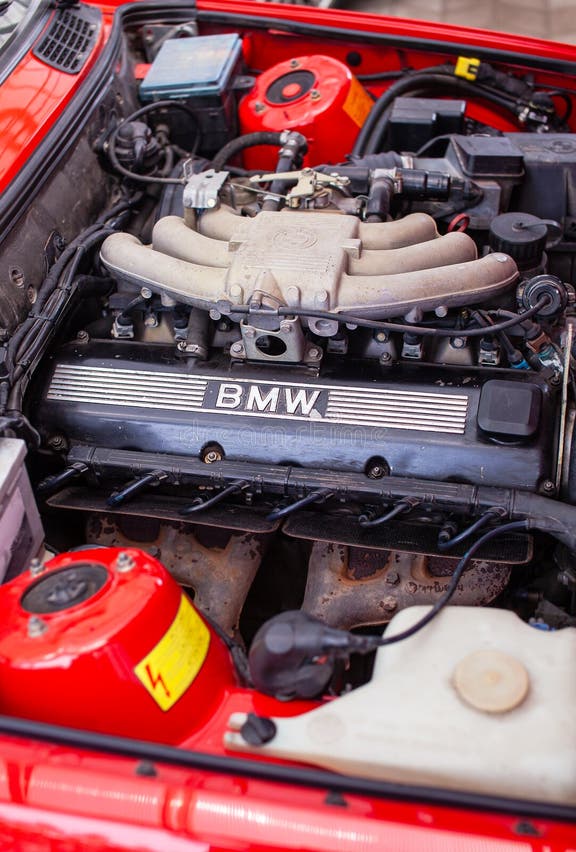 KYIV, UKRAINE - May 24, 2020: the Engine Compartment of a BMW E30 with ...
