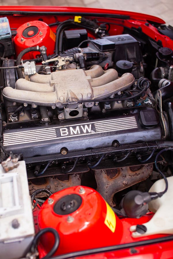 KYIV, UKRAINE - May 24, 2020: the Engine Compartment of a BMW E30 with ...