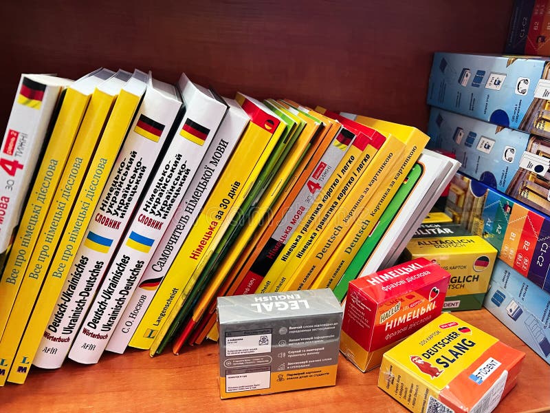 Shelf with Language Learning Books and Study Materials in Diverse ...