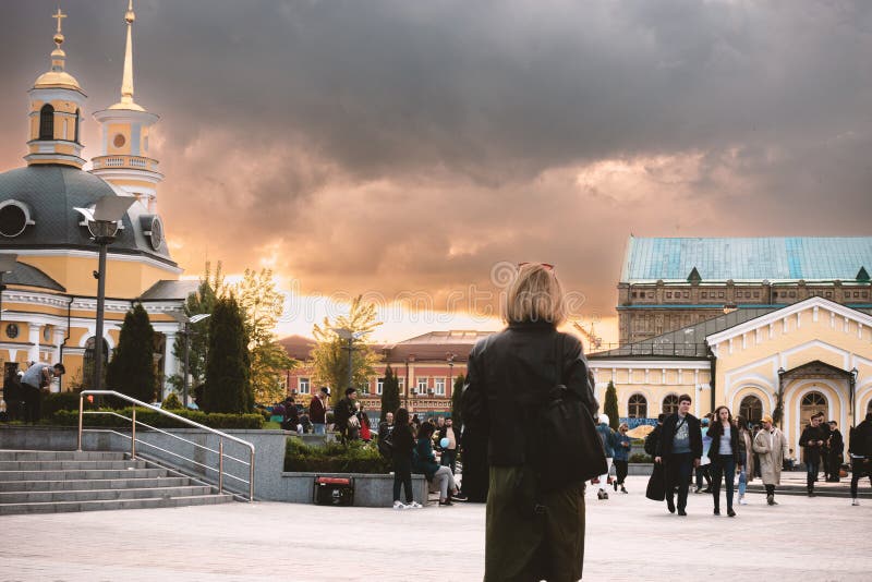 Kyiv, Ukraine - May 11, 2019: People Walk Along Postal Square in Kyiv ...