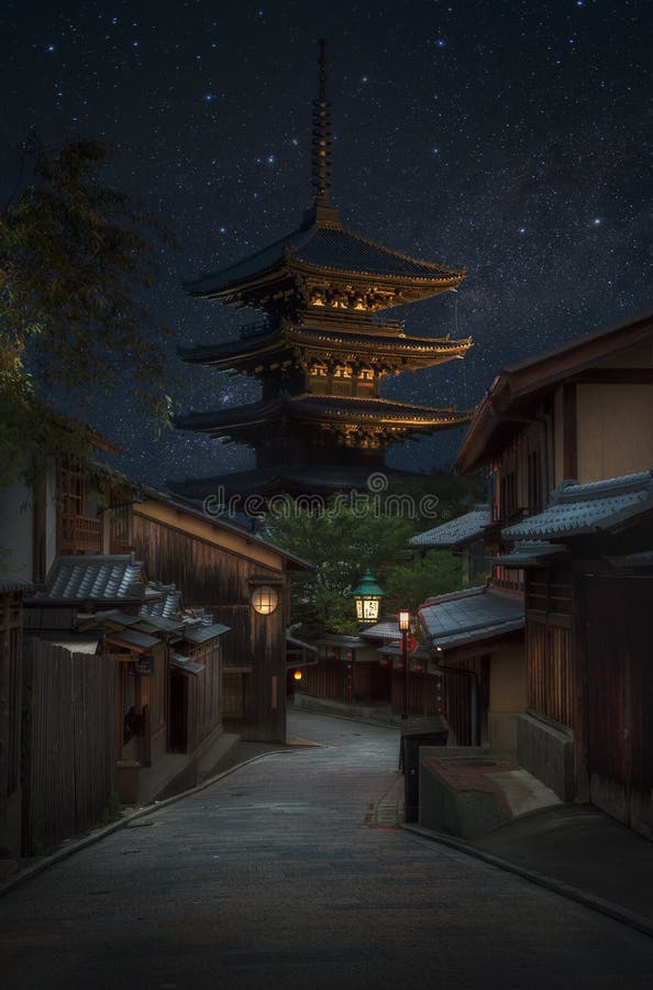 Ancient Kyoto Buildings by Starlight Stock Photo - Image of alleyways ...